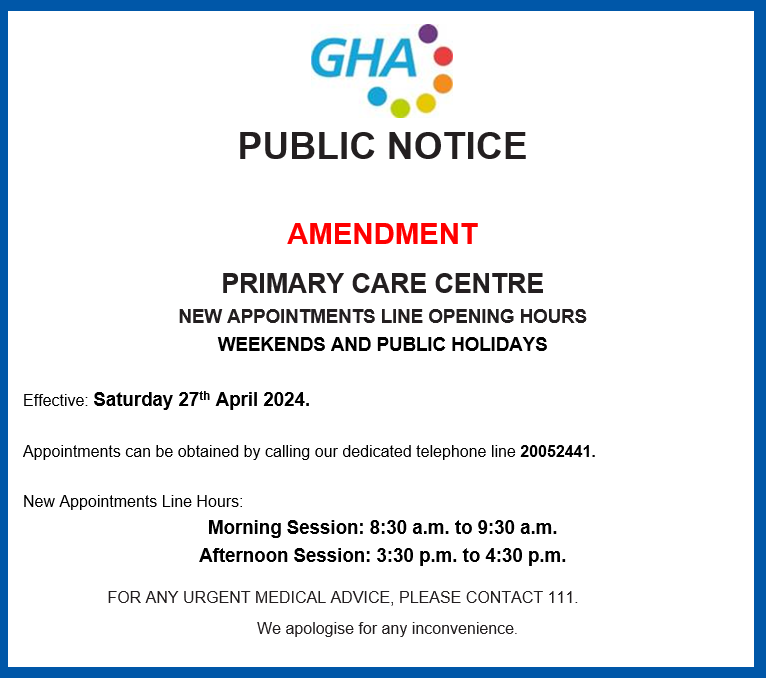 PUBLIC NOTICE - CHANGES TO APPOINTMENT LINE OPENING HOURS (WEEKEND AND ...